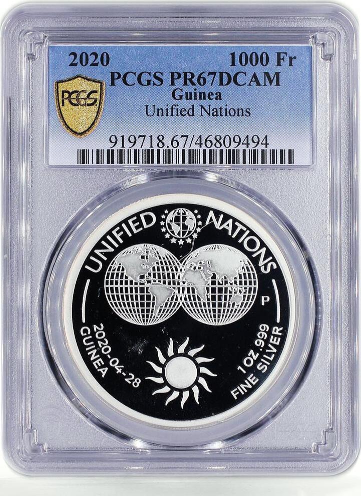 Guinea 1000 francs Unified Nations Sun Emblem World Map PR67 PCGS Ag ...