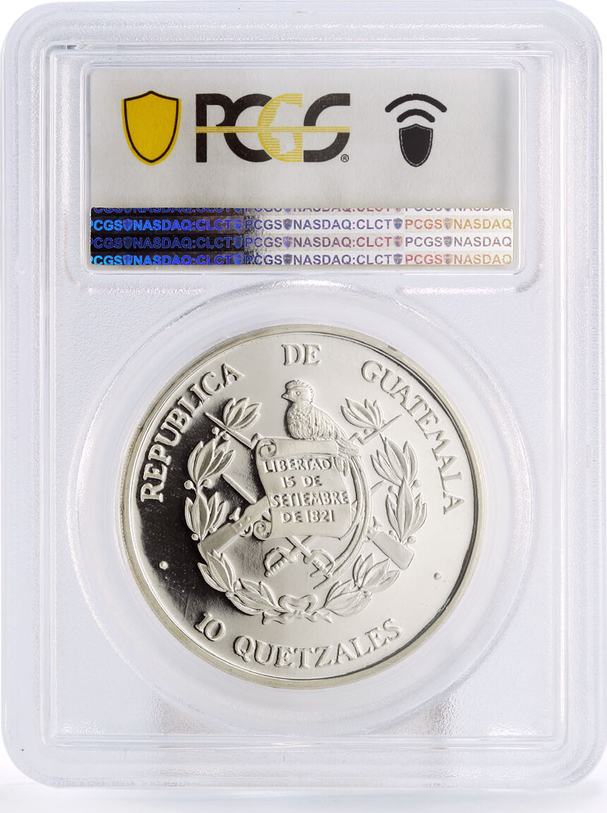 Guatemala 10 quetzales Tikal Temple Quetzal Bird SP68 PCGS piedfort Ag ...