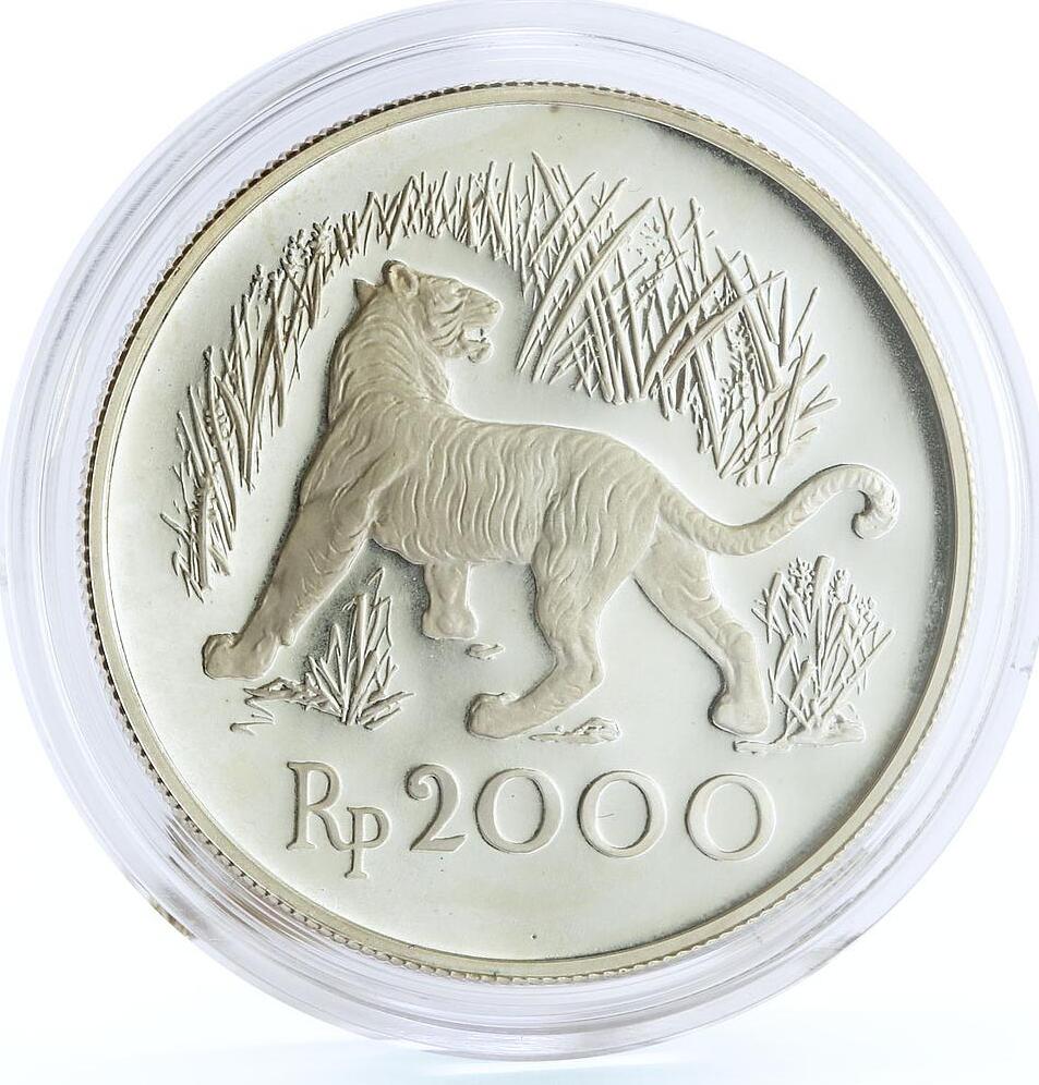 Indonesia 2000 rupiah Endangered Wildlife Javan Tiger Fauna silver coin ...