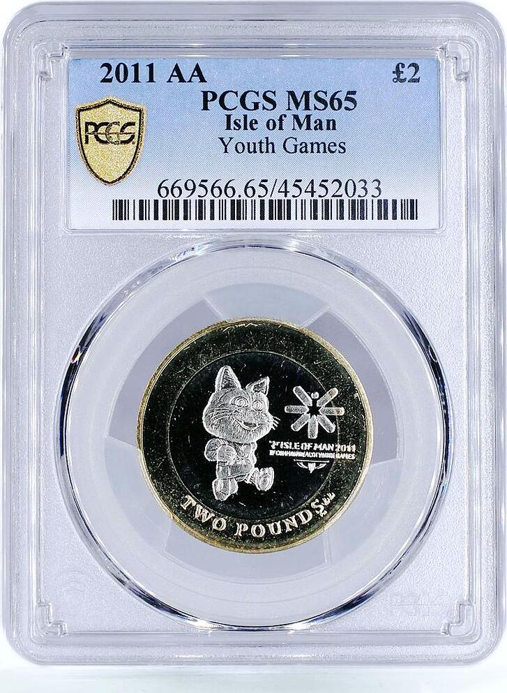 Isle of Man 2 pounds Youth Games Sports Tosha Cat MS65 PCGS CuNiBrass ...