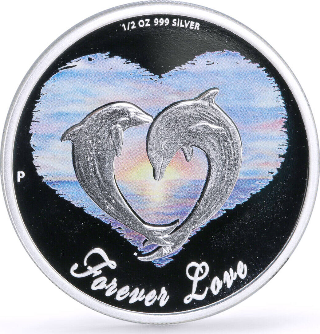 Tuvalu 50 cents Forever Love Clouds Heart Two Dolphins colored silver ...