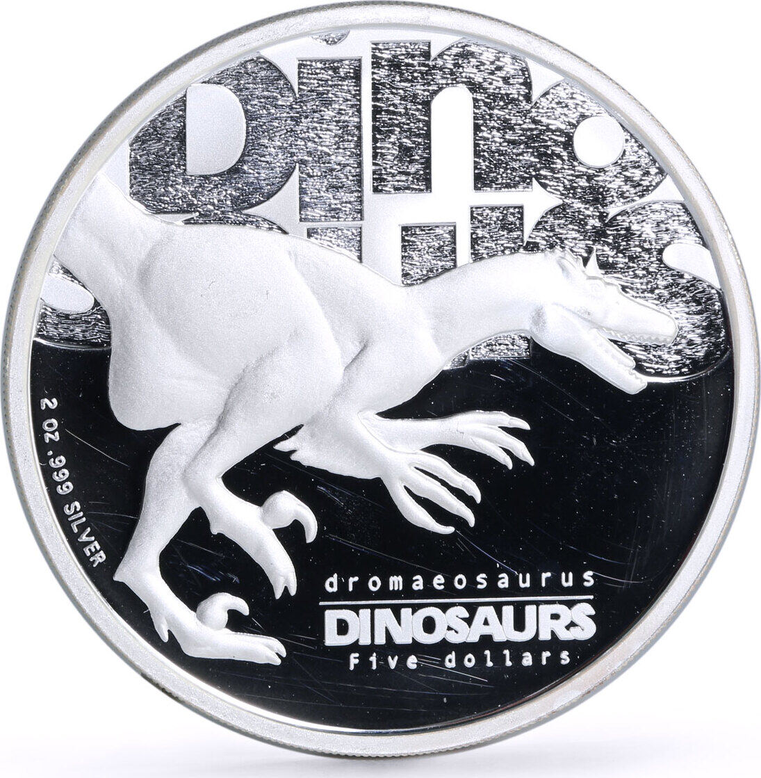 Tuvalu 5 dollars Prehistoric Fauna Dromaeosaurus Dinosaur proof silver ...