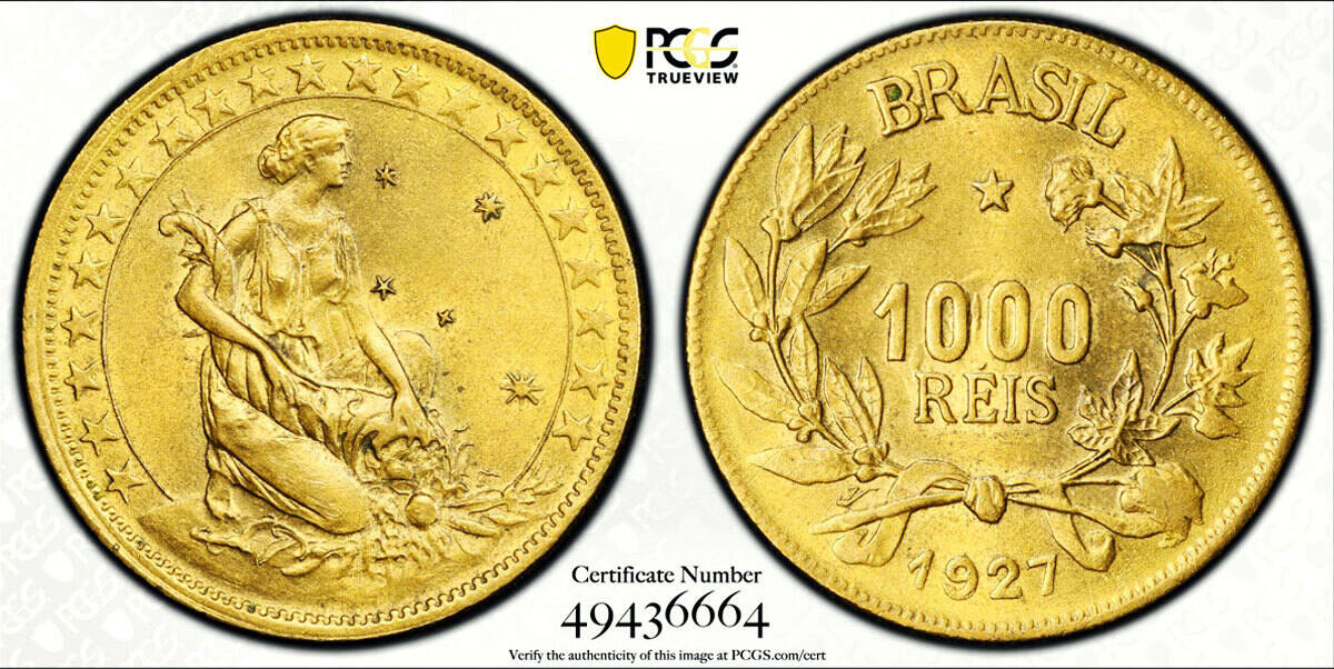 Brazil 1000 reis Regular Coinage Liberty KM-525 MS63 PCGS AlBronze coin 1927 UNC | MA-Shops