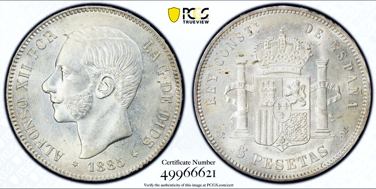 Spain 5 pesetas King Alfonso XII Coinage KM-688 MS61 PCGS silver coin ...