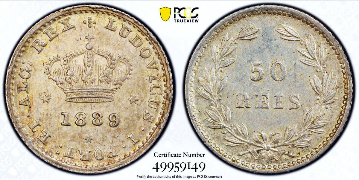 Portugal 50 reis King Luiz Luis I Coinage KM-506.1 MS62 PCGS silver coin 1889 UNC | MA-Shops
