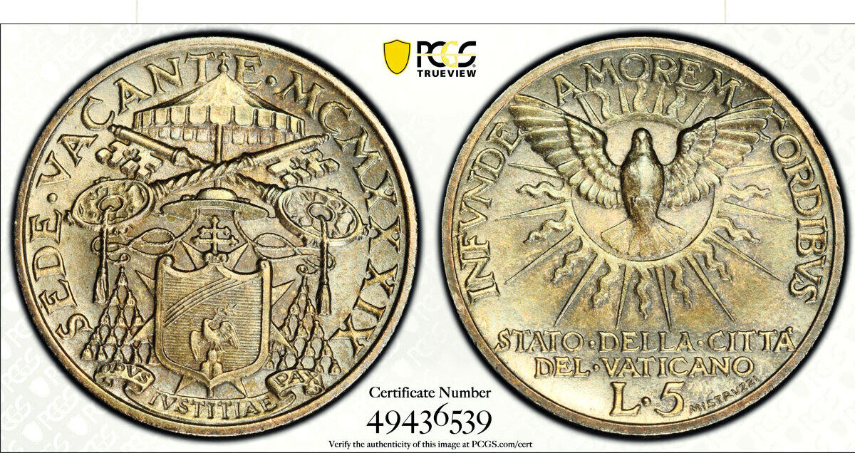 Italy Vatican 5 lire Sede Vacante Dove Bird Sun KM-20 MS66 PCGS silver coin 1939 UNC | MA-Shops
