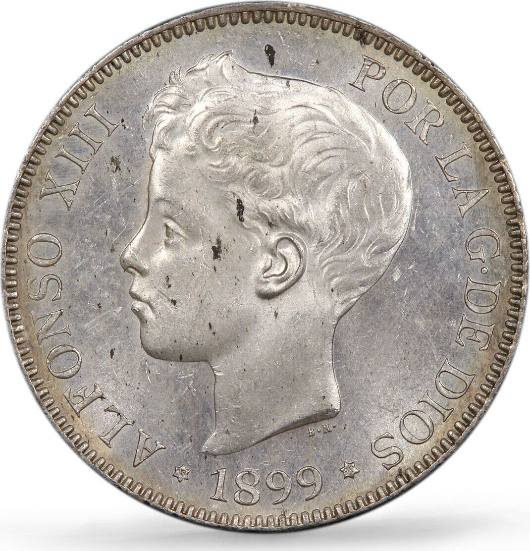 Spain 5 pesetas Regular Coinage Child Alfonso KM-707 MS62 PCGS silver coin 1899 UNC | MA-Shops