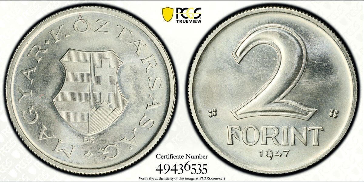 Hungary 2 forint Republic Coinage KM-533 MS65 PCGS aluminum coin 1947 UNC | MA-Shops