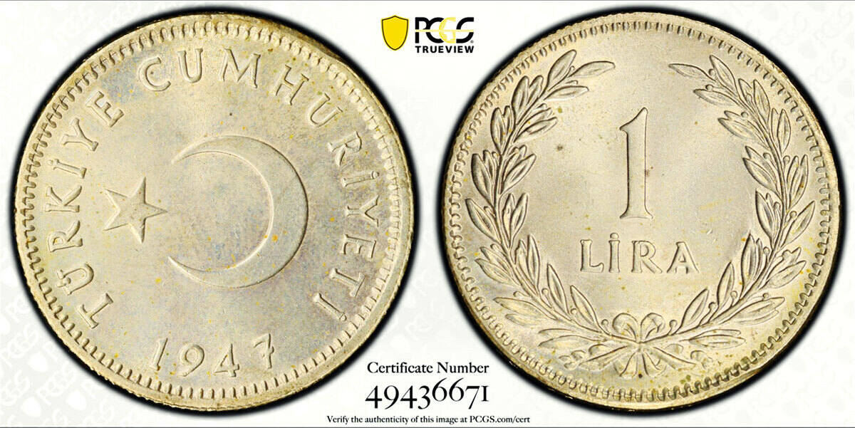 Turkey 1 lira Republic Coinage Crescent Star KM-883 MS64 PCGS silver ...