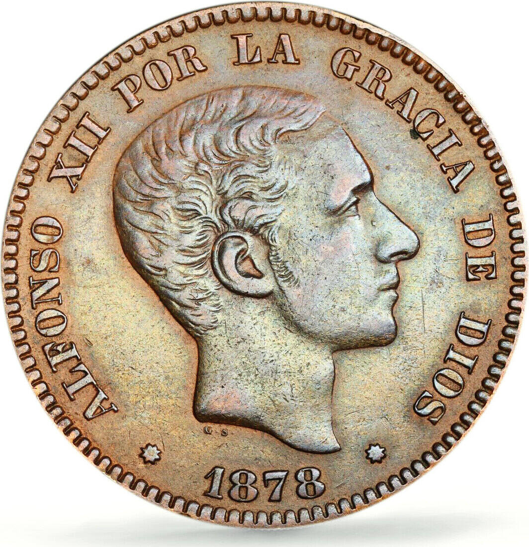 Spain 10 centimos King Alfonso XII Coinage OM KM-675 AU50 PCGS bronze ...