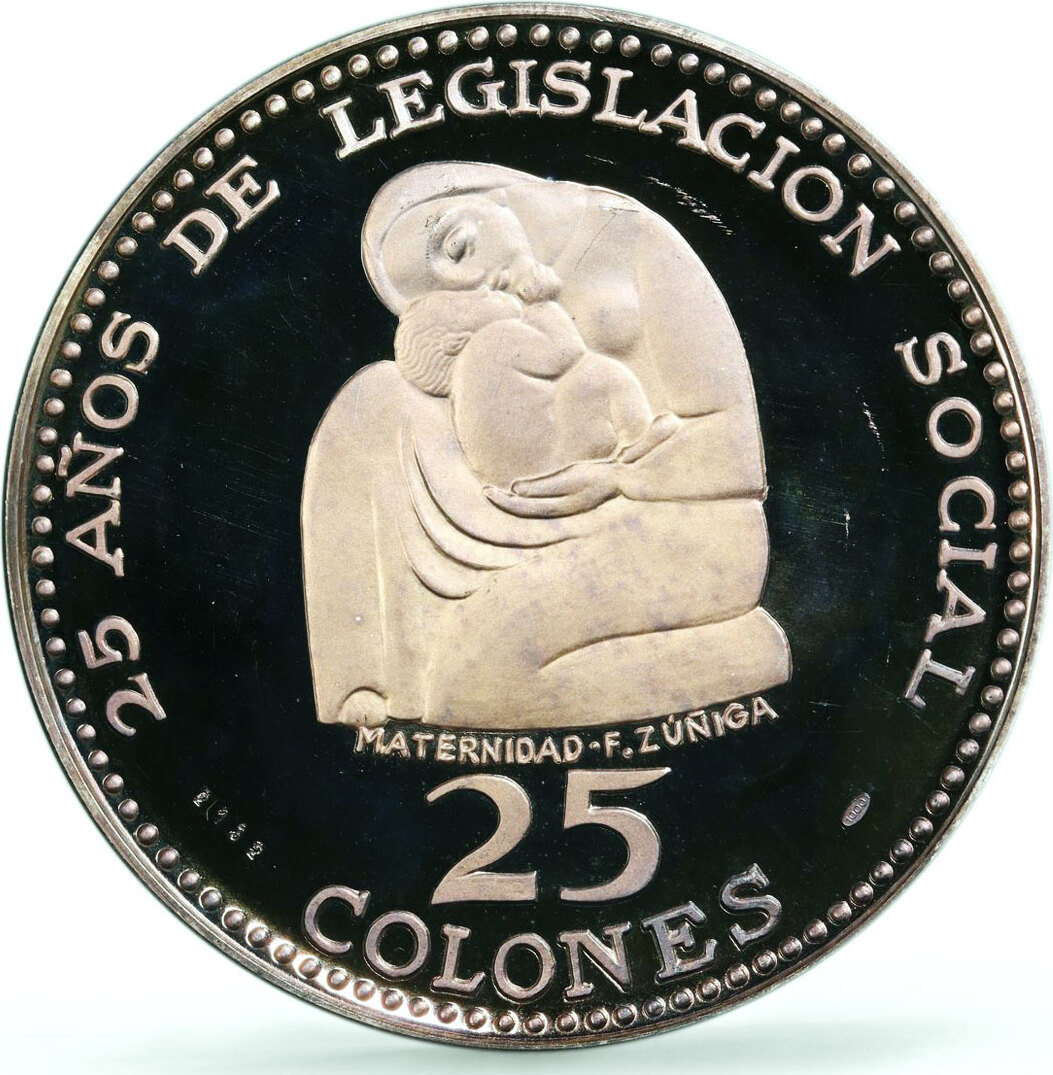 Costa Rica 25 colones Legislation Maternidad Sculpture PR67 PCGS Ag ...
