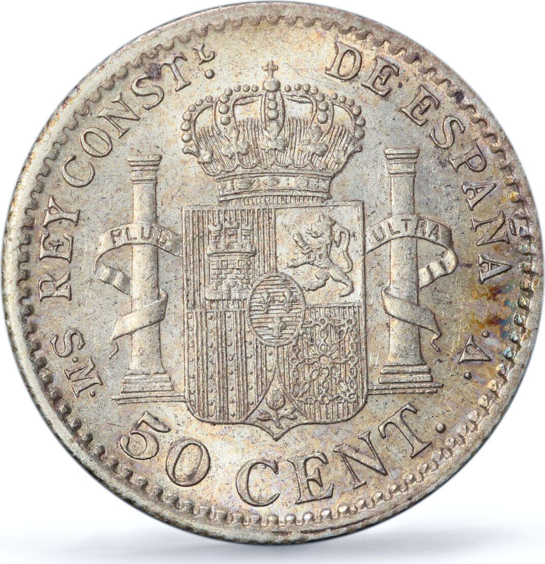 Spain 50 centimos King Alfonso XIII Coinage Mark SMV MS62 PCGS silver ...