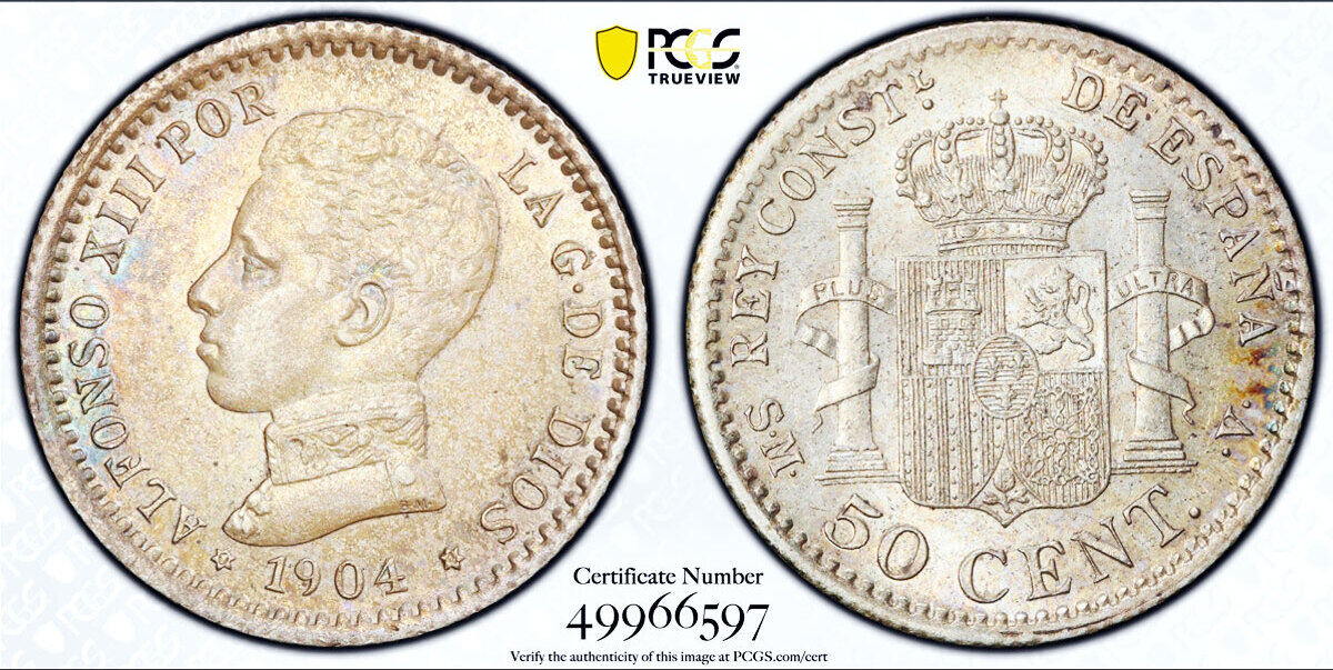 Spain 50 centimos King Alfonso XIII Coinage Mark SMV MS62 PCGS silver ...