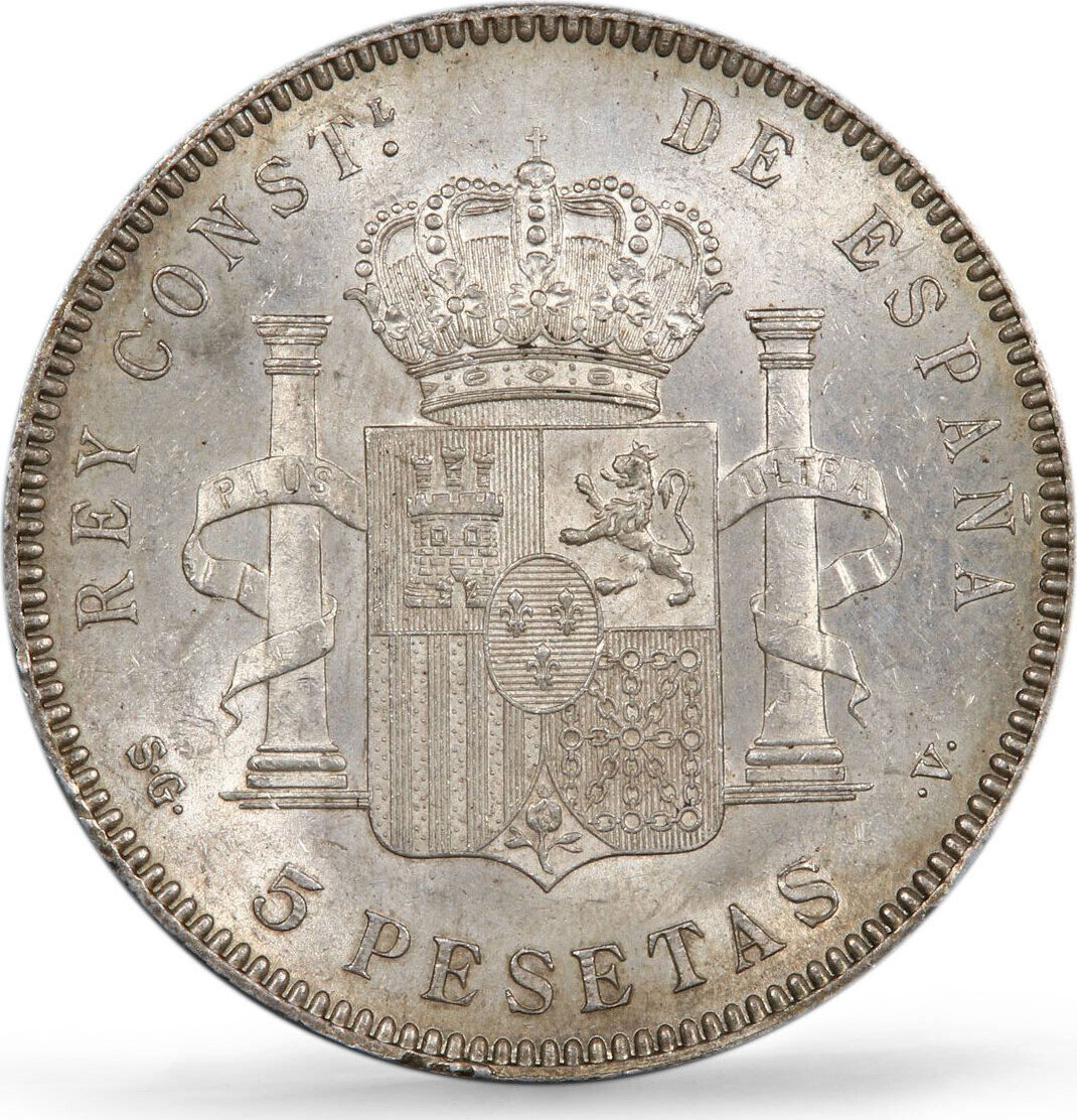 Spain 5 pesetas Regular Coinage Child Alfonso KM-707 MS62 PCGS silver coin 1899 UNC | MA-Shops