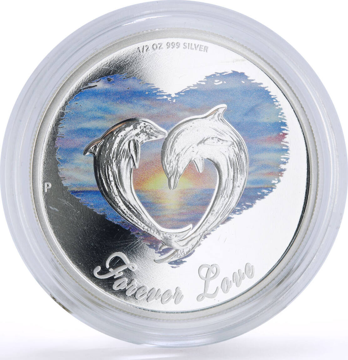 Tuvalu 50 cents Forever Love Clouds Heart Two Dolphins colored silver ...