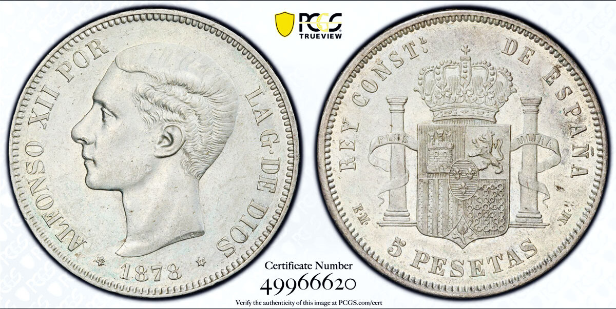 Spain 5 pesetas King Alfonso XII Coinage KM-676 AU55 PCGS silver coin ...