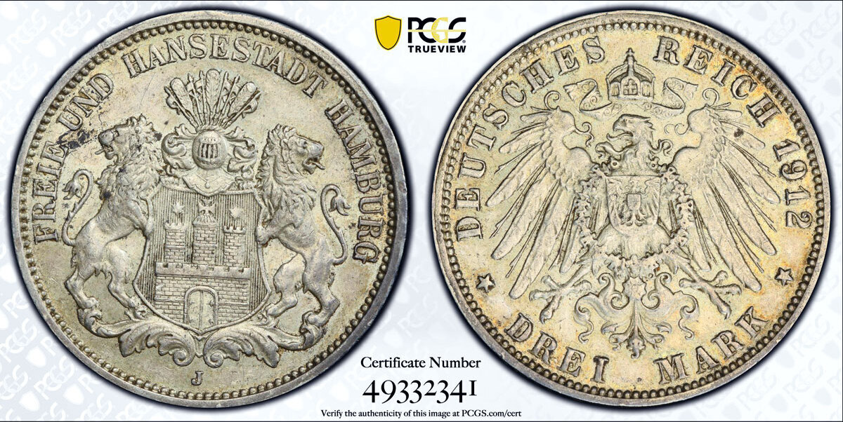 Germany Hamburg 3 mark Regular Coinage Hanseatic City AU53 PCGS silver ...