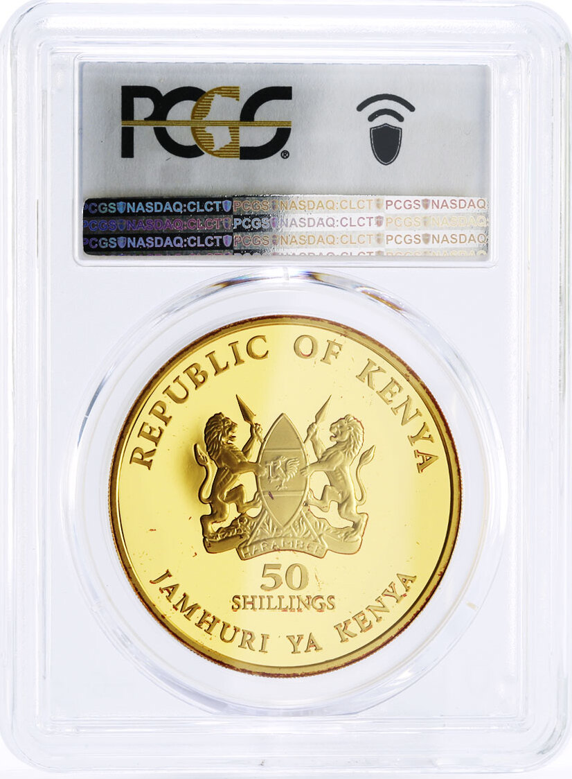 Kenya 50 shillings 50 Years of Independence PR67 PCGS gilded silver ...