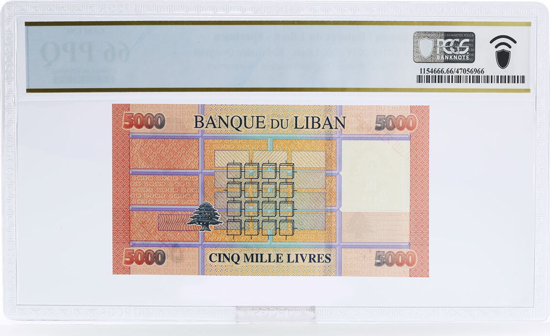Lebanon 5000 livres Red Arabic Overprint Cedar Tree PPQ66 PCGS UNC ...