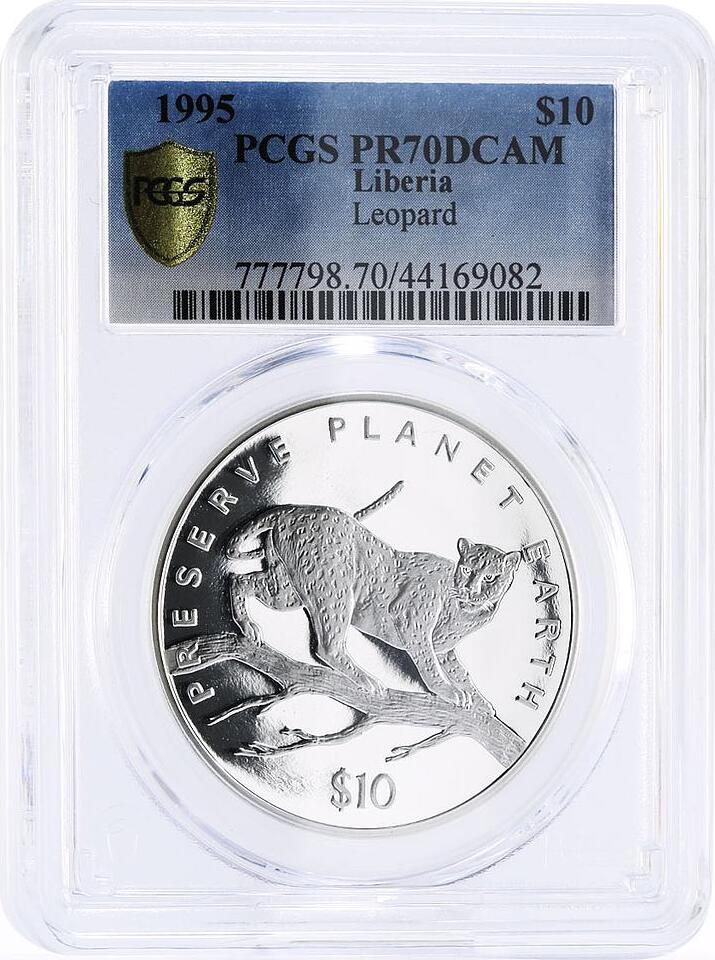 Liberia 10 dollars Endangered Wildlife Leopard Fauna PR70 PCGS silver ...