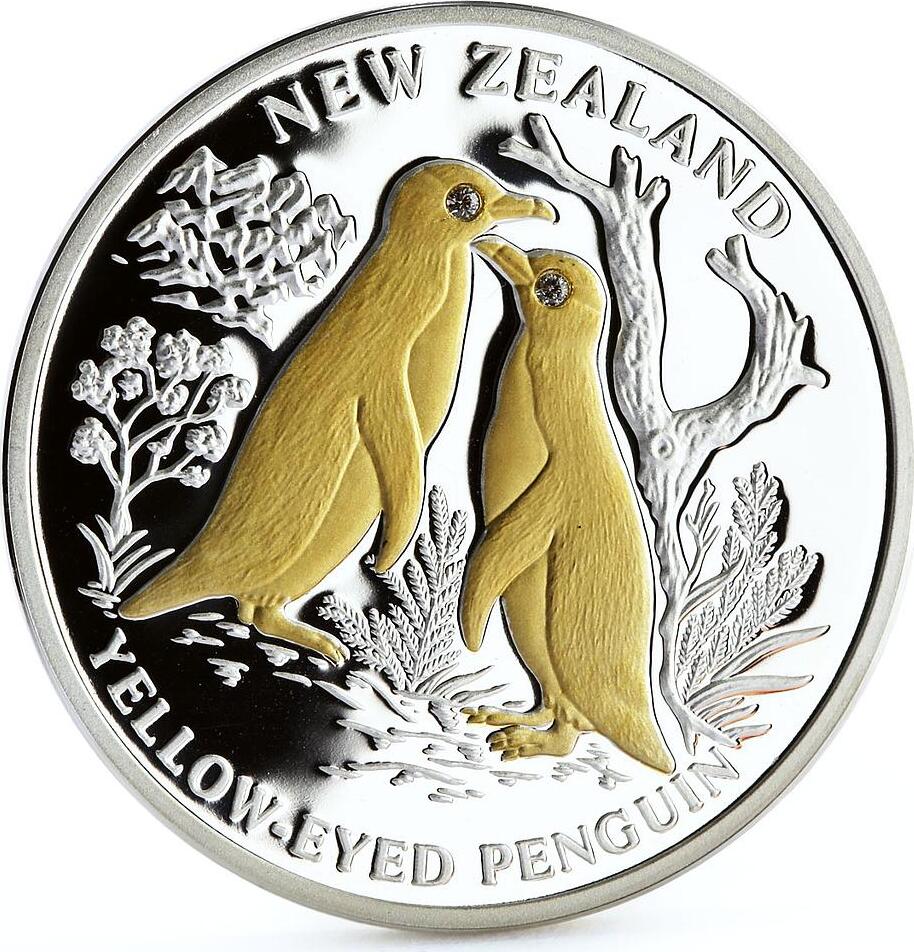 Liberia 10 dollars New Zealand Yellow Eyed Penguin Fauna gilded silver ...