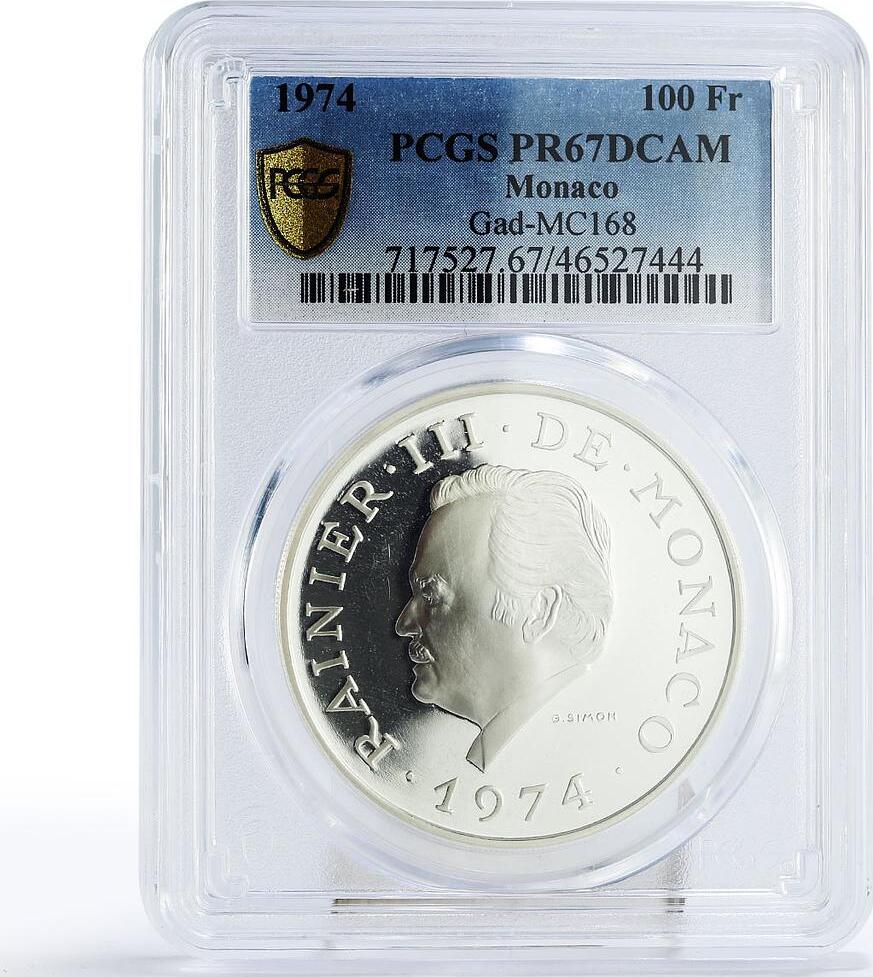 Monaco 100 francs 25th Anniversary of Reign Rainier III PR67 PCGS Ag ...