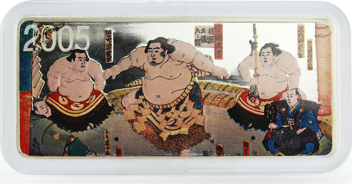 Mongolia 5000 togrog Japanese Sumo Wrestling Wrestlers colored silver coin 2005 Proof | MA-Shops