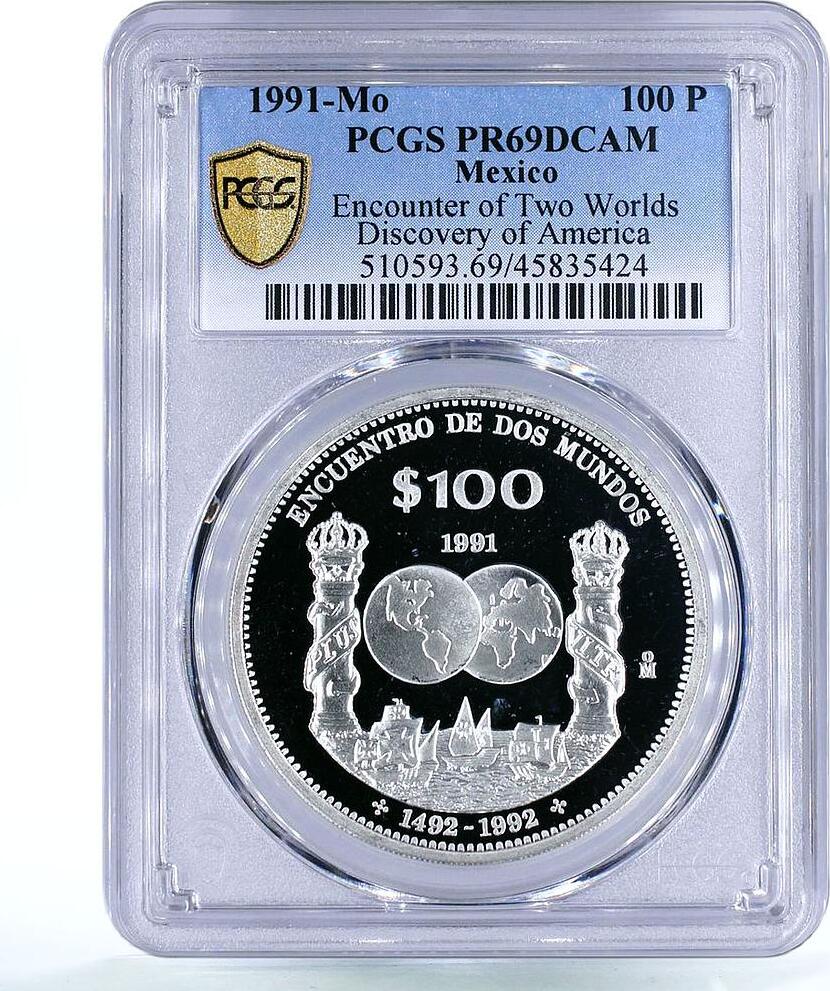 Mexico 100 pesos Encounter of Two Worlds Ships PR69 PCGS silver coin ...