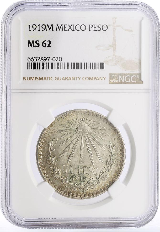 Mexico 1 peso State Coinage Coat of Arms KM-454 MS62 NGC silver coin 1919 UNC | MA-Shops