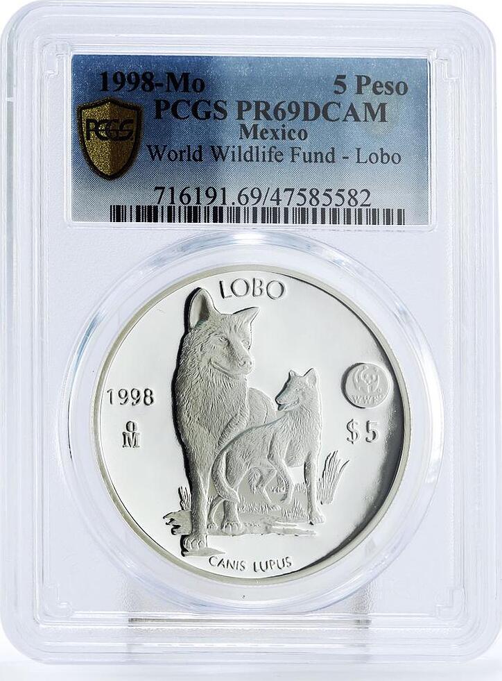 Mexico 5 pesos World Wildlife Fund Wolf Lobo Fauna PR69 PCGS silver ...