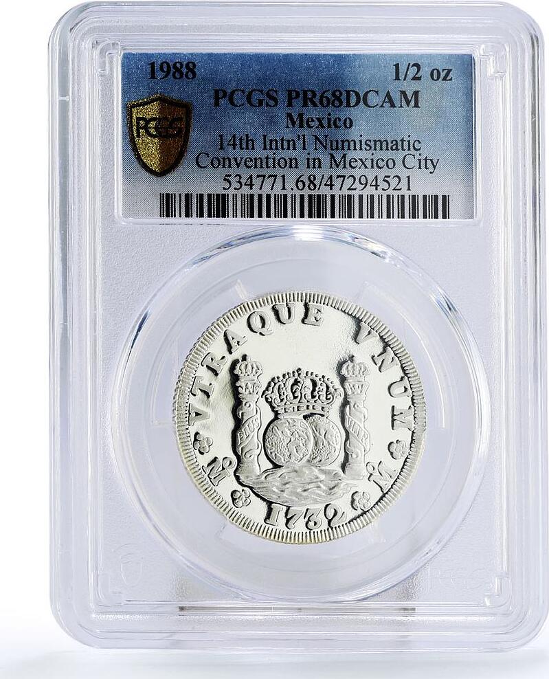 Mexico 1/2 onza Numismatic Convention Pillar Dollar PR68 PCGS silver coin 1988 Proof | MA-Shops