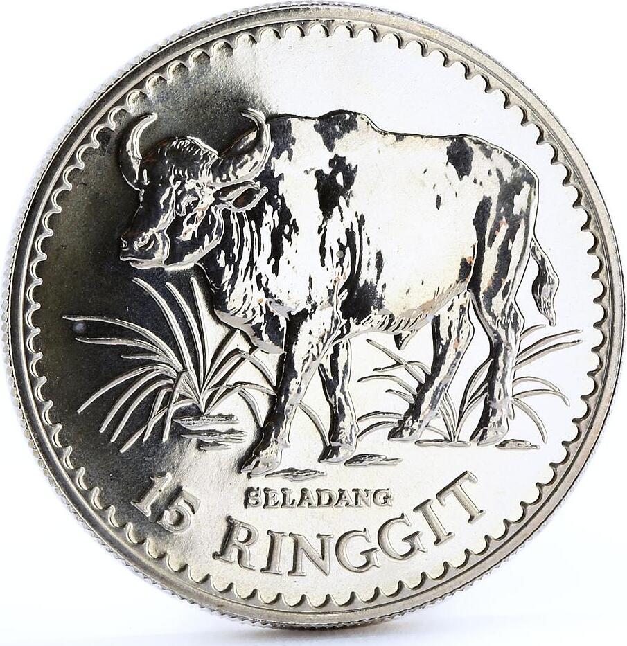 Malaysia 15 ringgit Conservation Fauna Malaysian Gaur Bull silver coin ...
