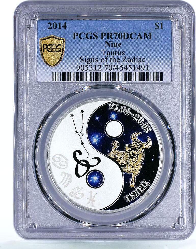 Niue 1 dollar Zodiac Signs series Taurus PR70 PCGS colored silver coin ...
