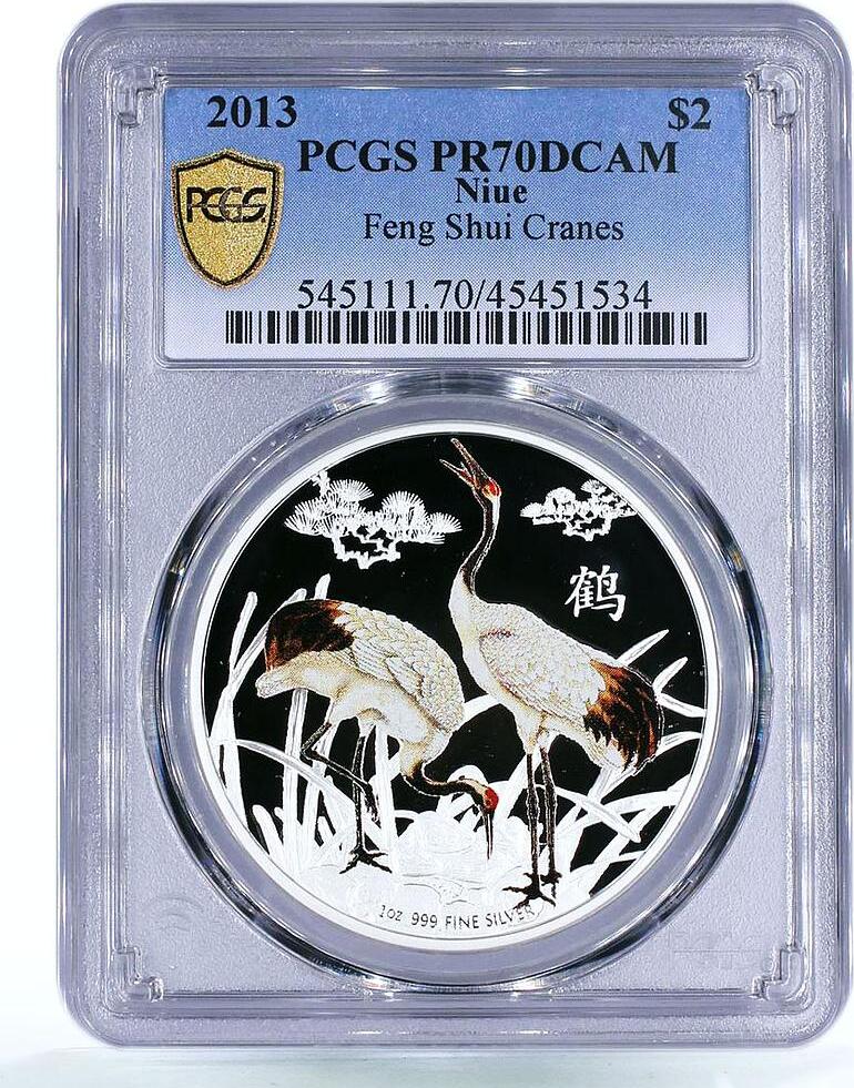 2 dollars Niue 2 dollar Feng Shui Cranes Birds Fauna PR70 PCGS colored ...