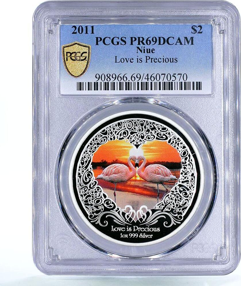 Niue 2 dollars Love is Precious Flamingos Birds Animals PR69 PCGS Ag ...