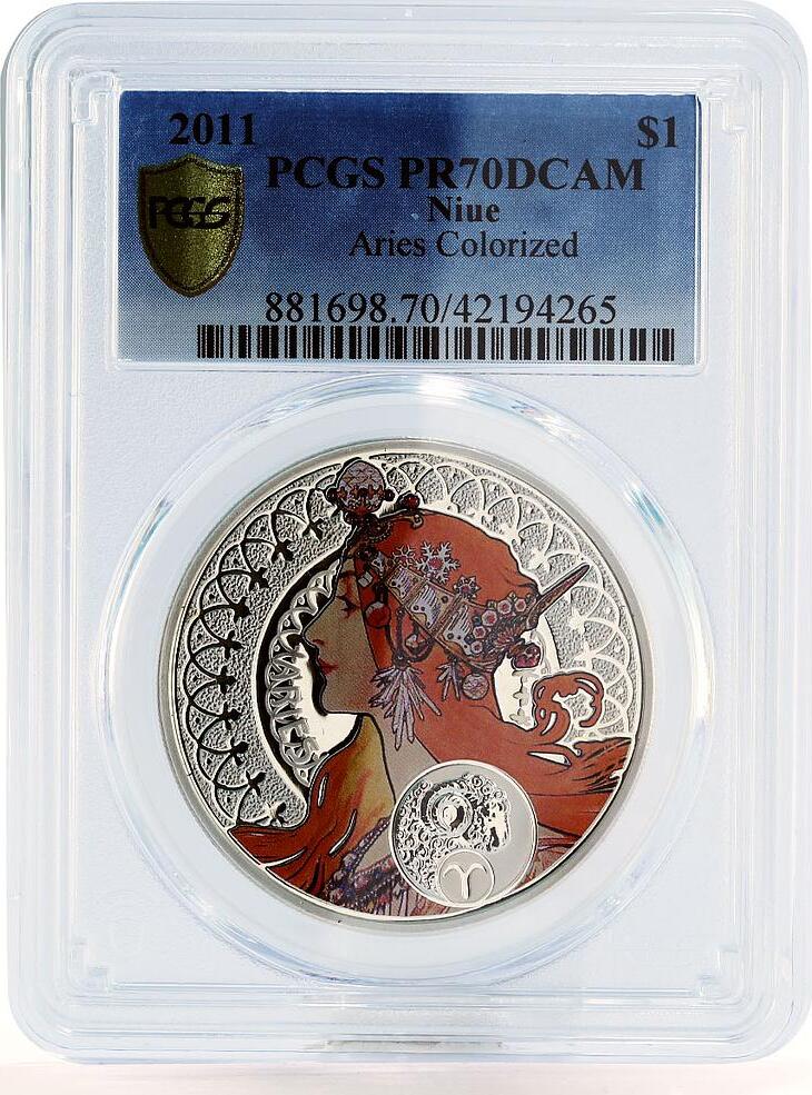 Niue 1 dollar Mucha Zodiac Signs series Aries PR70 PCGS silver coin ...
