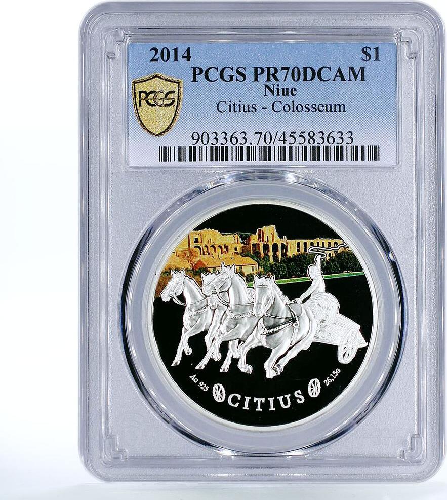 Niue 1 dollar Colosseum Citius Chariot PR70 PCGS color silver coin 2014 ...