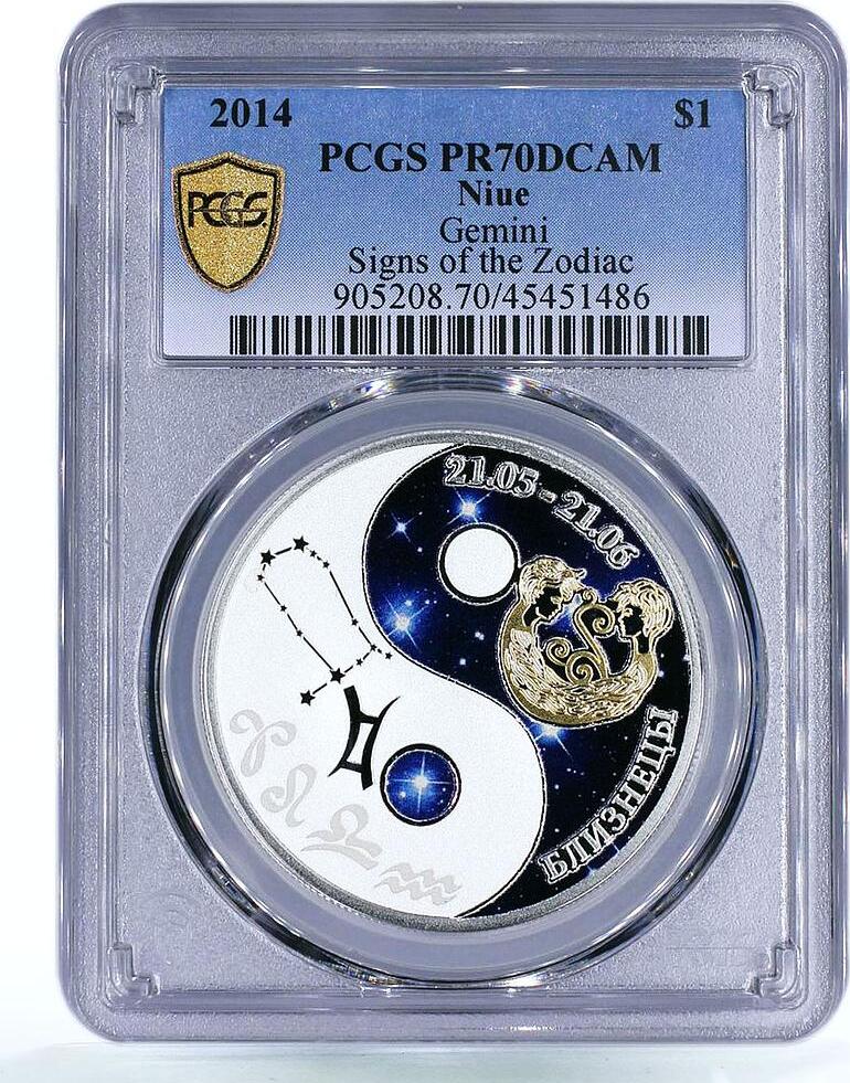 Niue 1 dollar Zodiac Signs series Gemini PR70 PCGS colored silver coin ...