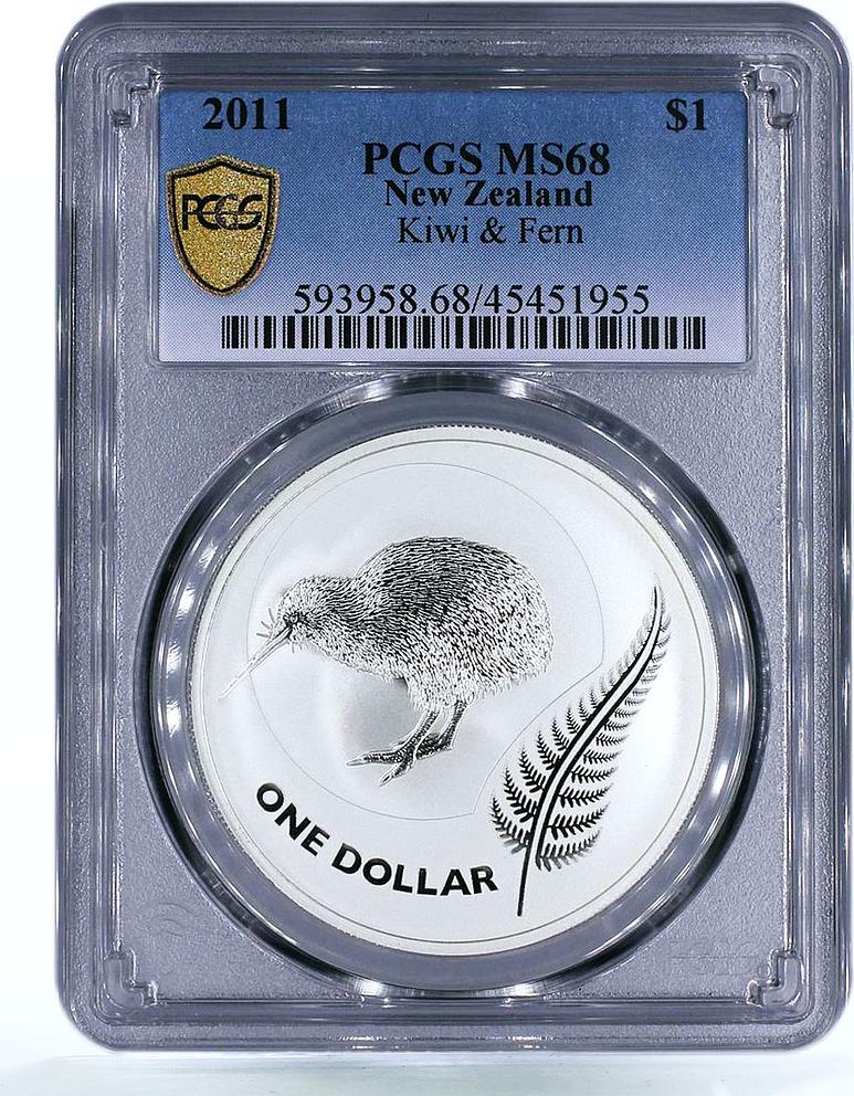 New Zealand 1 dollar Kiwi Bird Fauna Fern Leaf MS68 PCGS silver coin ...