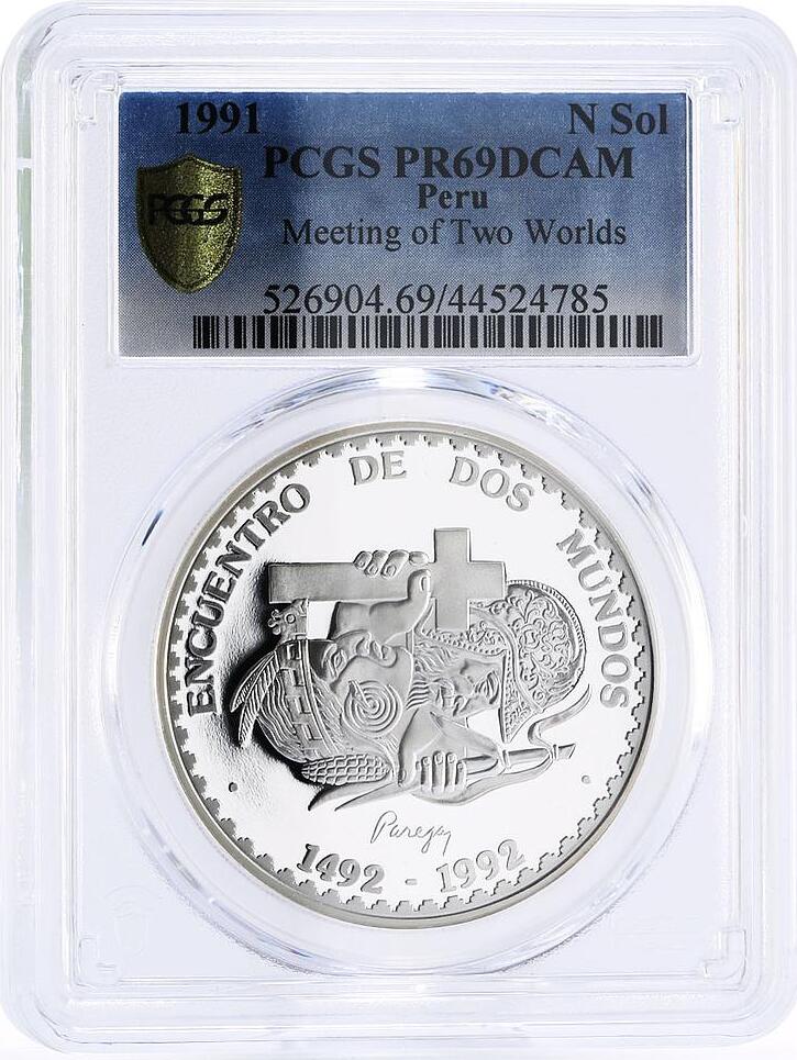 Peru 1 sol Meeting of Two Worlds Conquistador Indian PR69 PCGS silver ...