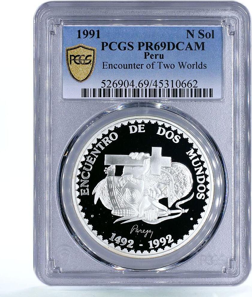 Peru 1 sol Meeting of Two Worlds Conquistador Indian PR69 PCGS silver ...