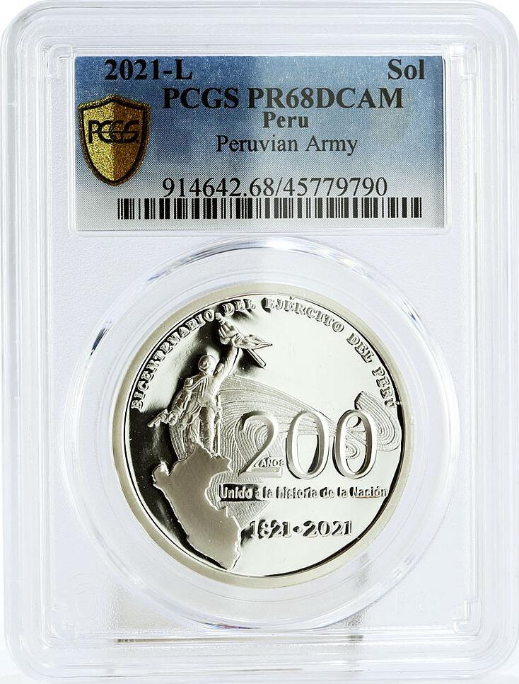 Peru 1 sol 200 Years National Army Armed Forces Soldier PR68 PCGS Ag ...