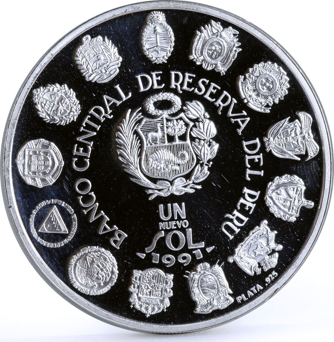 Peru 1 sol Meeting of Two Worlds Spanish Conquistador Indian silver ...