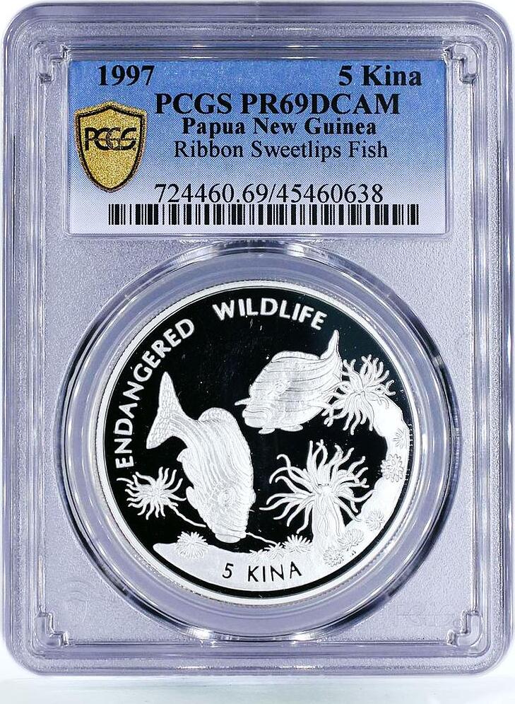 Papua New Guinea 5 kina Endangered Wildlife Sea Fish PR69 PCGS silver ...