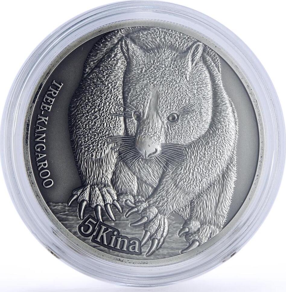 Papua New Guinea 5 kina Endangered Wildlife Tree Kangaroo Fauna silver ...