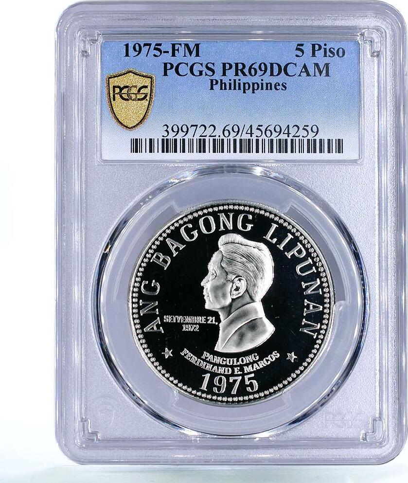 Philippines 5 piso Ferdinand Marcos PR69 PCGS nickel coin 1975 Proof ...
