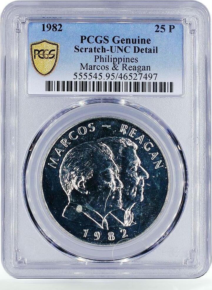 Philippines 25 piso Marcos and Reagan Meeting Genuine PCGS silver coin ...