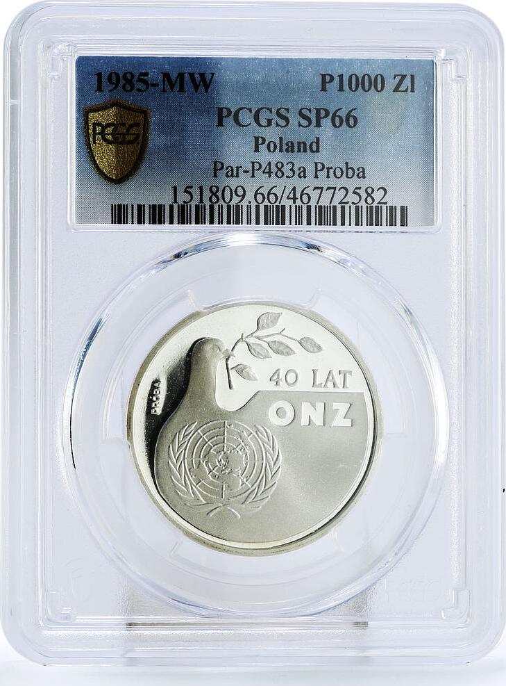 Poland 1000 zlotych United Nations UN Dove Bird SP66 PCGS proba silver ...