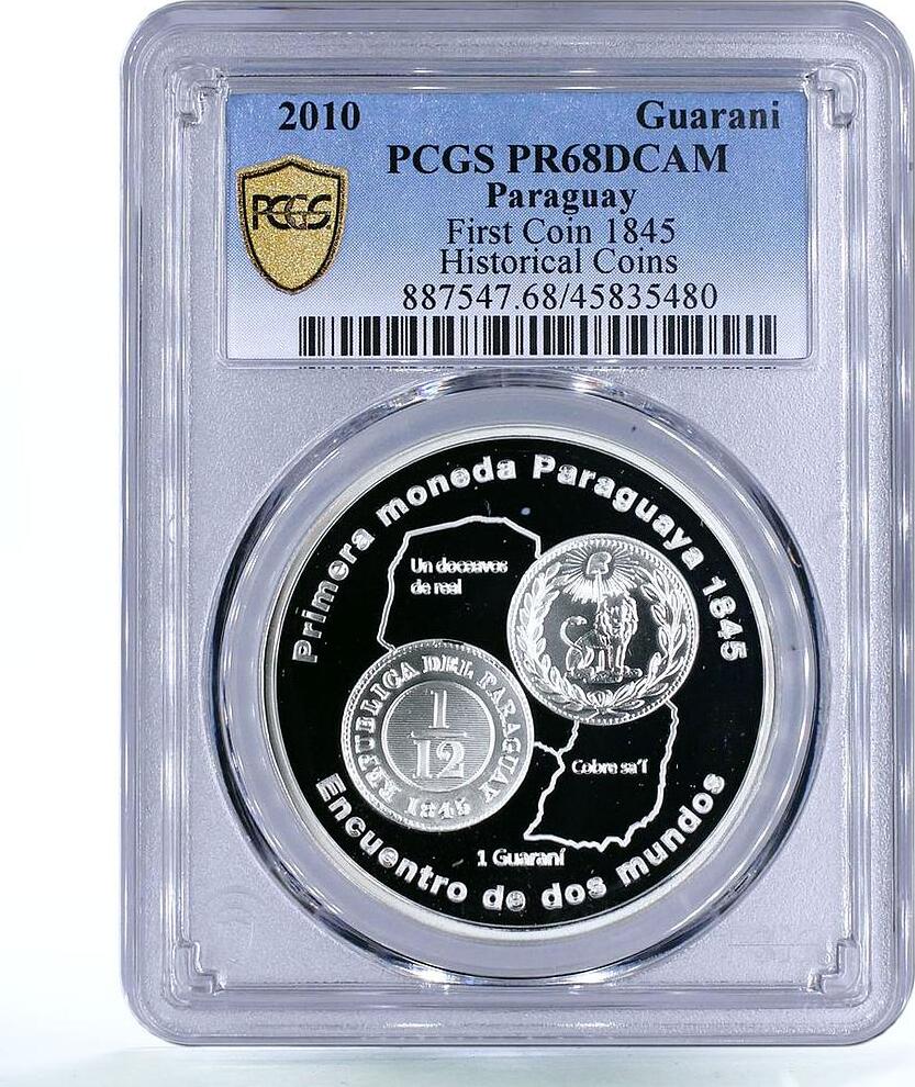 Paraguay 1 guarani Historical 1st Coin 1845 1/2 Reals PR68 PCGS silver ...
