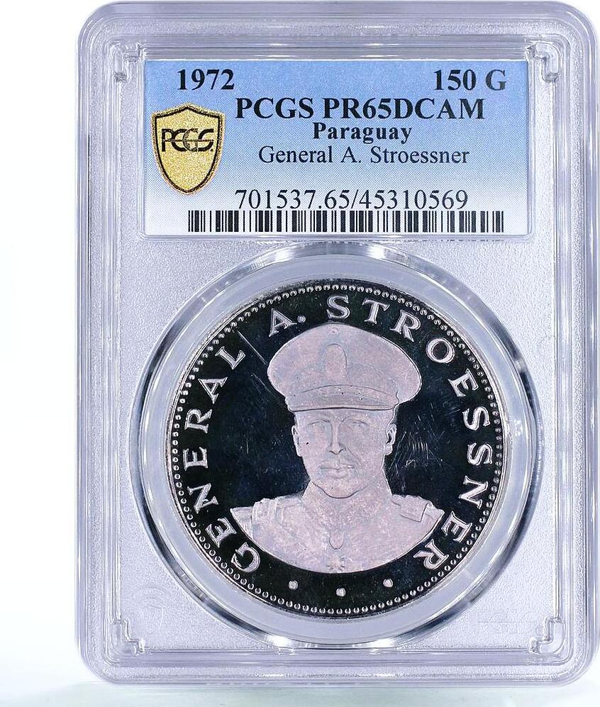 Paraguay 150 guaranies General Alfredo Stroessner PR65 PCGS silver coin 1972 Proof | MA-Shops